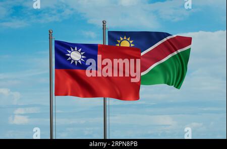 Namibia and Taiwan flag waving together in the wind on blue sky, two ...
