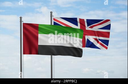 United Kingdom flag and UAE flag, with blue sky Stock Photo - Alamy