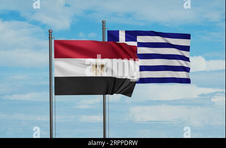 Egypt flag and Greece flag waving together on blue sky, two country ...