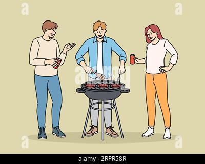 Person with beer cooking on barbecue grill , vector cartoon stick ...