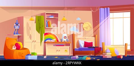 Messy untidy room of child boy. Cartoon vector illustration of cluttered kid bedroom with bed ...