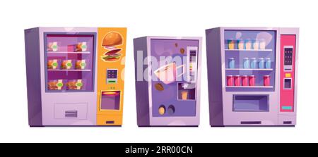 Cartoon vending machines. Automatic snacks machine bubblegum candies ...