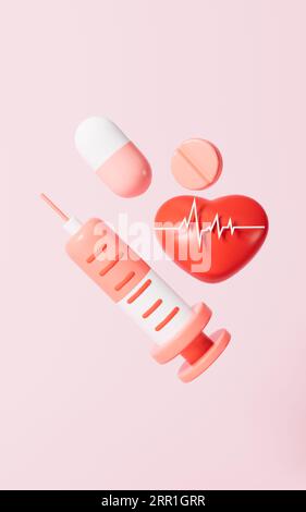 Cartoon syringe and drugs in the pink background, 3d rendering. Digital ...