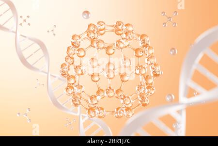 Spherical molecular structure and DNA, 3d rendering. Digital drawing ...