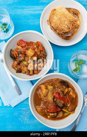 Top view of traditional seasonal Georgian dish - Adjapsandali with ...