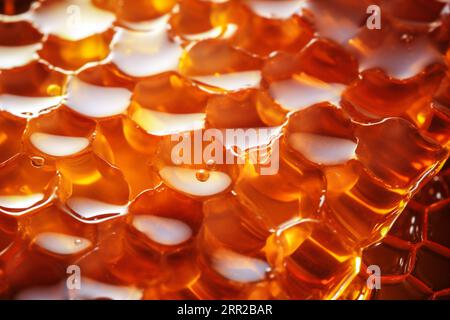 Macro detailed golden honey. Liquid sticky texture. Honey flow from the ...