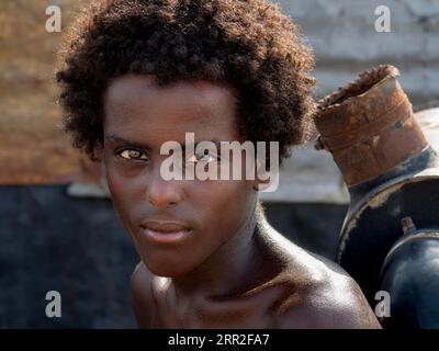 Portrait of an Afar tribe man with traditional curly hair, Afar region ...