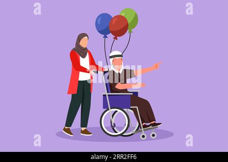 Cartoon flat style drawing disability people. Arab man carries disabled ...