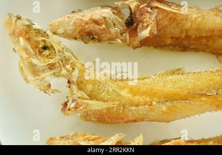 crispy fried sand whiting fish arranging on plate dipping spicy chili ...