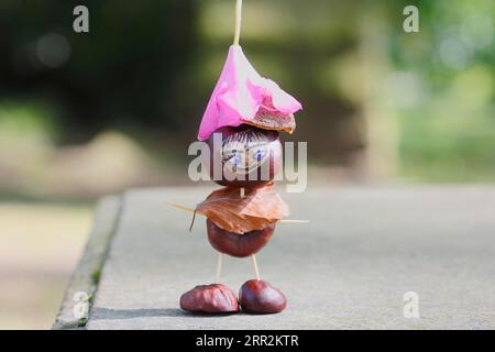 Funny chestnut figure with blossom on head, North Rhine-Westphalia ...