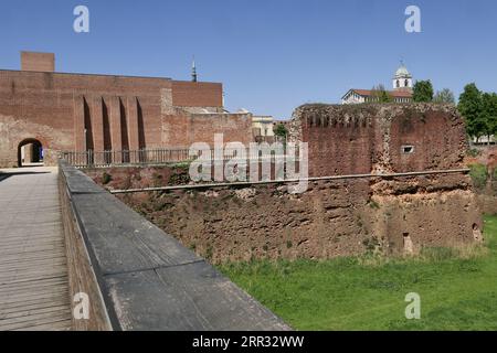 Novara Castle. Wooden bridge and brick castle walls. Novara Castle ...