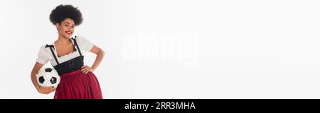 happy african american bavarian waitress with beer mug obscuring face ...