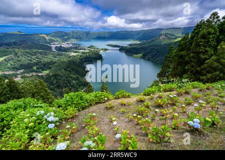 The twin lakes of Sete Cidades inside the massive crater of a dormant ...