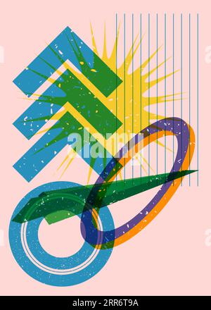 Paper Airplane with colorful geometric shapes. Object in trendy riso ...