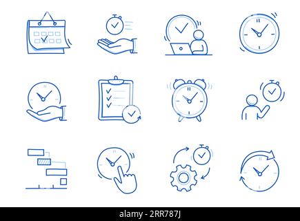 Set of business deadline doodle elements. Hand drawn troubled emoticon ...