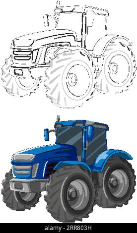 The image is a blue drawing of a tractor. The drawing is of a tractor ...