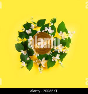 Blank with bouquet of jasmine flowers on a blue background. Spring ...
