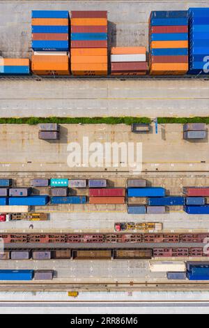 Aerial photo shows the railway inland port in Zhengzhou City, central ...