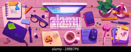 Messy workplace top view. Vector cartoon illustration of untidy work ...