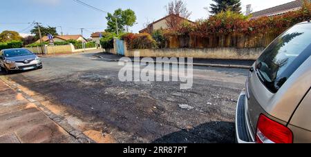 Fire scars, aftermath of street riots, Bron, France Stock Photo - Alamy