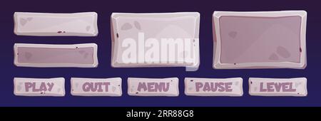 Stone frame button play with border and gemstones, shield shape, empty medieval menu panel in ...