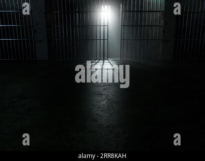 A closeup of a spolight behind jail cells iron bars casting shadows on ...
