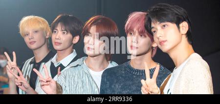 (L-R) HueningKai, Taehyun, Beomgyu, Yeonjun and Soobin (TOMORROW X TOGETHER), July 26, 2023 ...