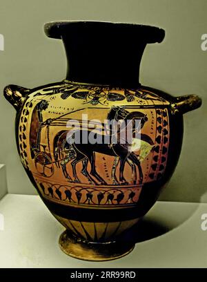 Black figure hydria (vessel for water ) depicting a quadriga (four ...