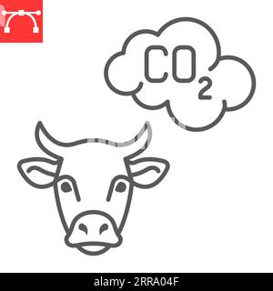 Methane emission from cow line and glyph icon, climate change and ...