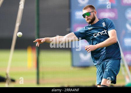 England’s Gus Atkinson during a nets session at the Optus Stadium ...