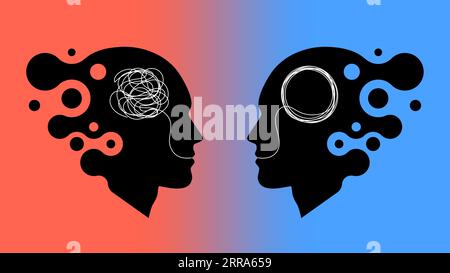 Two human heads with opposite thinking. The concept of chaos and order ...