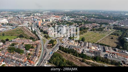 An aerial panoramic view of Doncaster city centre in a cityscape ...