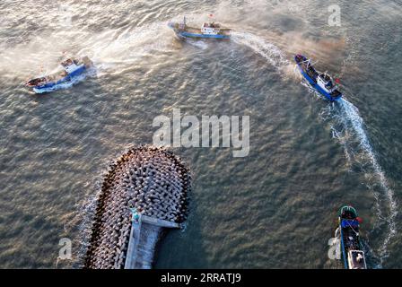 Aerial photo shows the fishing port scenery in Rizhao City, east China ...