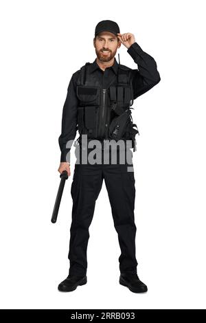 Smiling handsome officer with black baton posing to camera. Front view ...