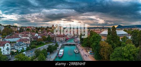 Annecy city center panoramic aerial view over the old town, castle ...