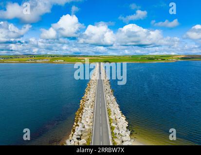 Aerial view of Churchill Barrier and causeway in Orkney Islands ...