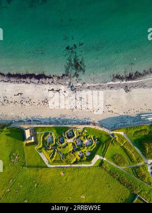 Aerial view of Skara Brae Neolithic settlement, Bay of Skaill, Orkney ...