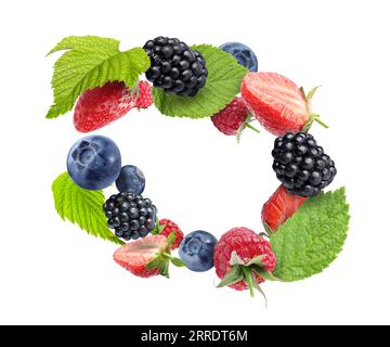Many different berries flying on white background Stock Photo - Alamy