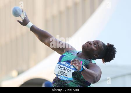 Danniel Thomas-Dodd, of Jamaica, competes during the women's shot put ...