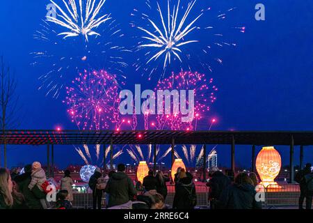 Chinese New Year lanterns and firework. Lunar new year celebration. Red ...