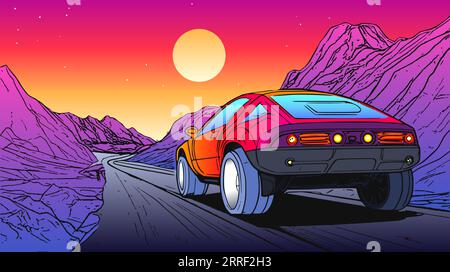 Offroad car on alien planet landscape in 80s synthwave or comics style ...