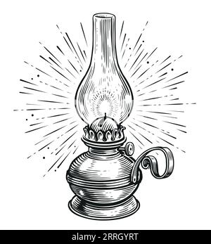 Old oil lamp sketch vector illustration engraving style. Vintage oil ...