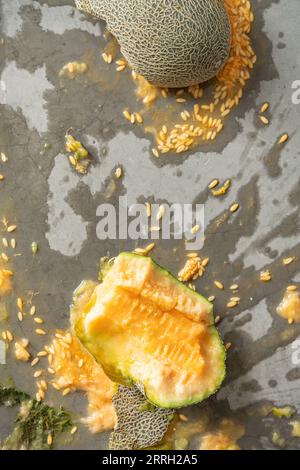 top view broken hami melon on the ground horizontal composition Stock ...