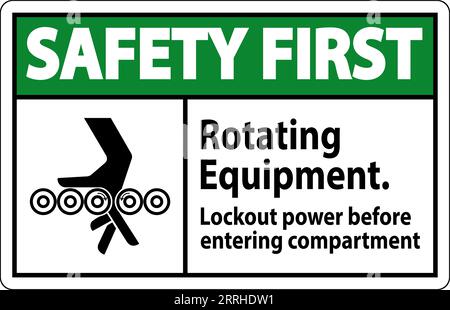 Safety First Sign, Rotating Equipment, Lockout Power Before Entering ...