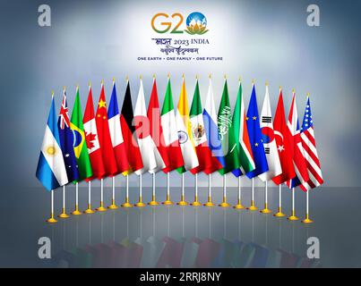 Flags of Group of Twenty G20 member countries with banner G20 2023 ...