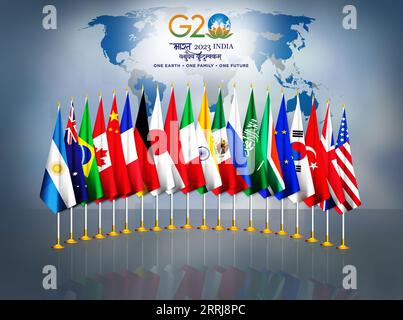 Flags of Group of Twenty G20 member countries with banner G20 2023 ...
