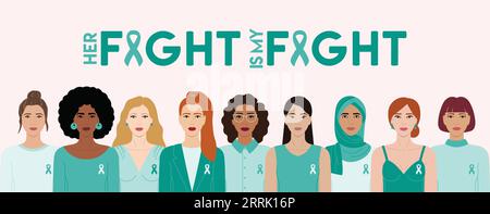 Breast Cancer Awareness Month. Diverse women with pink ribbons on chest ...