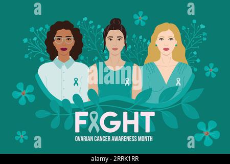 Breast Cancer Awareness Month. Diverse women with pink ribbons on chest ...