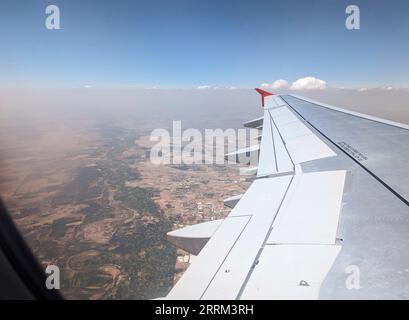 Aerial view of the Moroccan landscape and Marrakesh seen from an ...