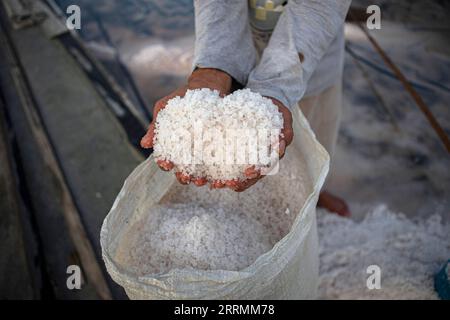 221105 -- PALU, Nov. 5, 2022 -- A farmer harvests salt in the ...